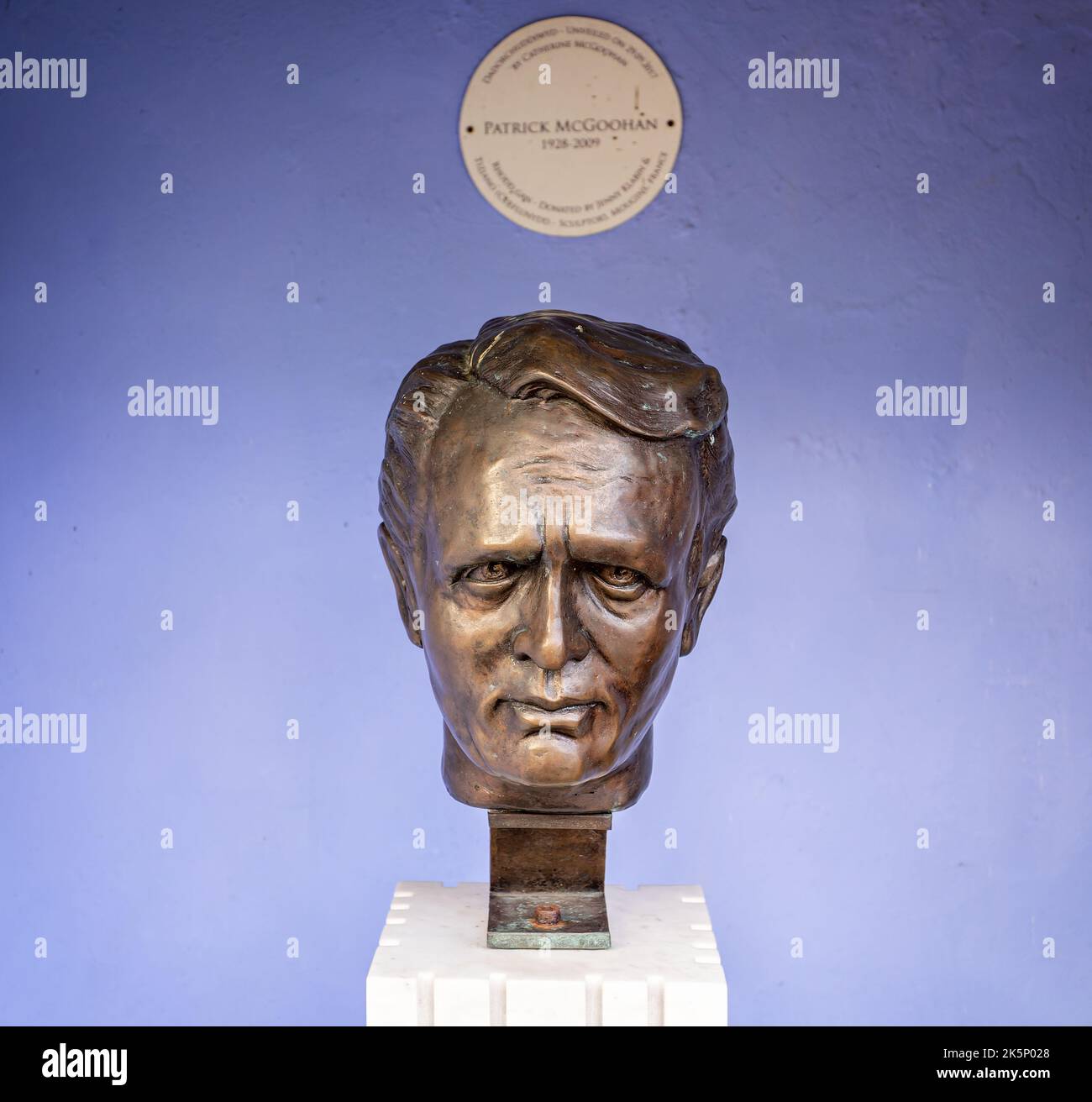 Close up of bronze statue of Patrick McGoohan by sculpture Tiziano in ...