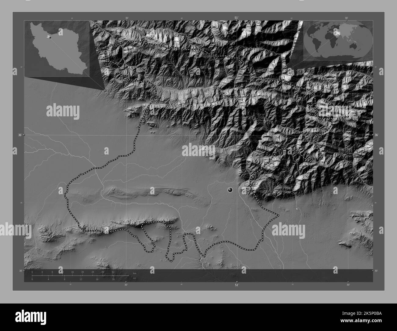 Alborz, province of Iran. Bilevel elevation map with lakes and rivers ...