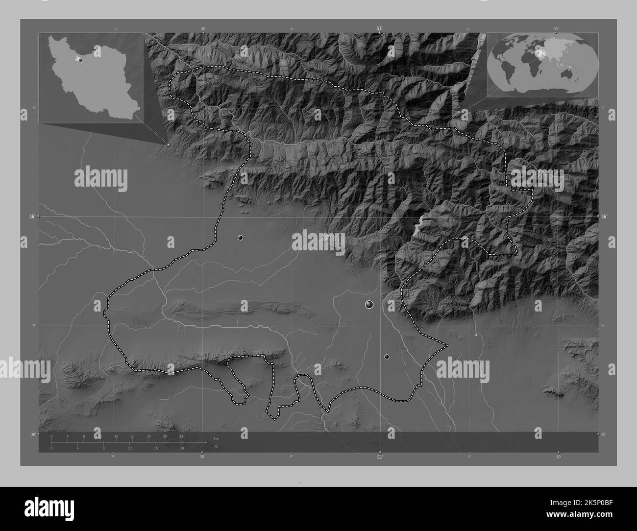 Alborz, province of Iran. Grayscale elevation map with lakes and rivers ...