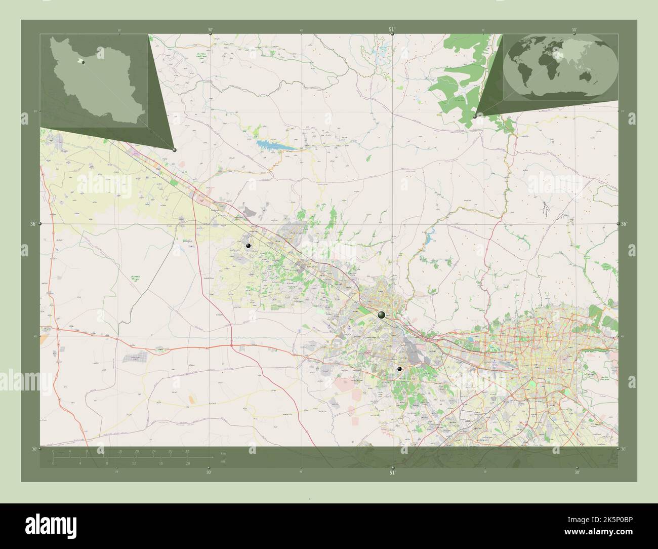 Alborz, province of Iran. Open Street Map. Locations of major cities of ...