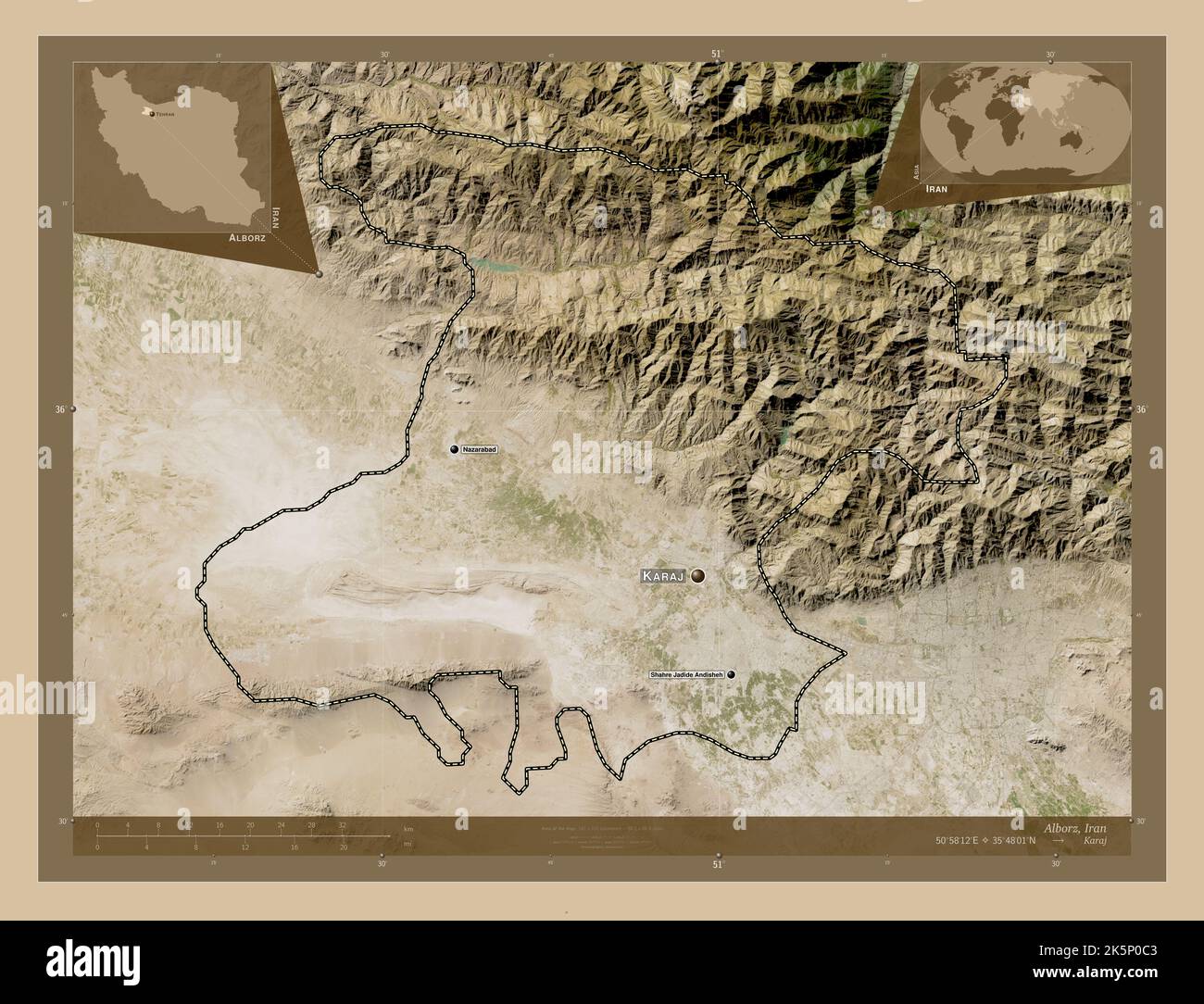 Alborz, province of Iran. Low resolution satellite map. Locations and ...