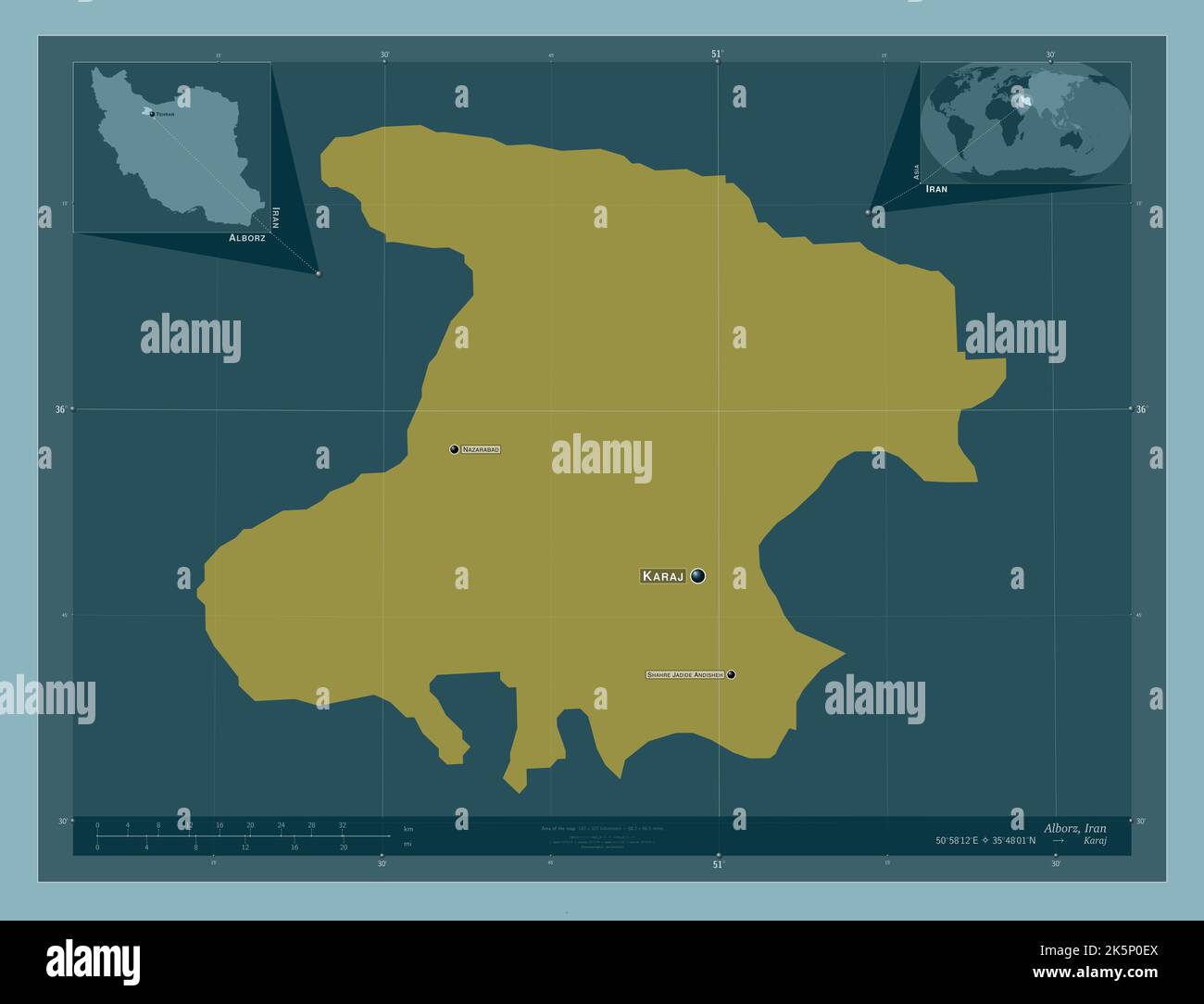 Alborz, province of Iran. Solid color shape. Locations and names of ...