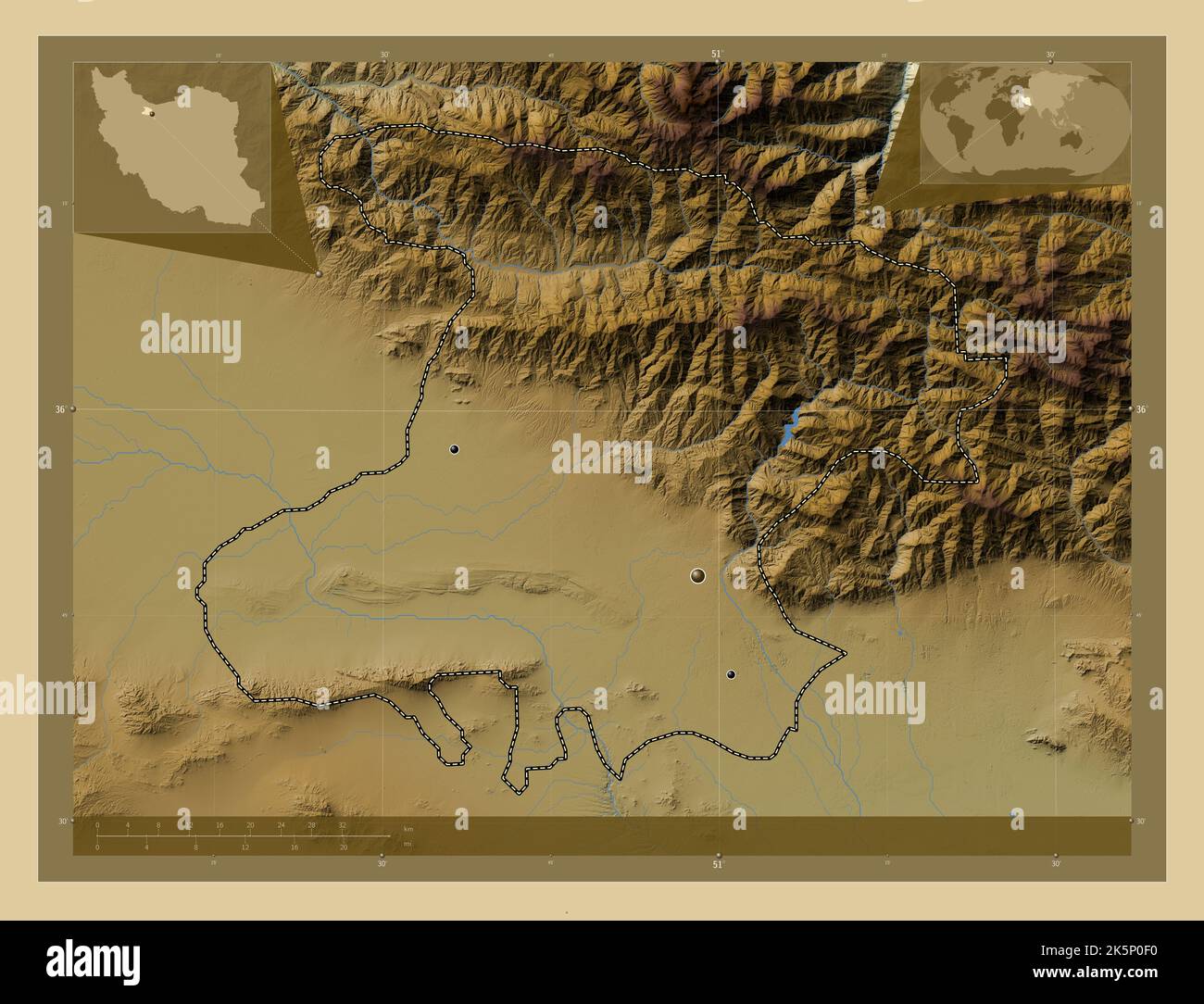 Alborz, province of Iran. Colored elevation map with lakes and rivers ...