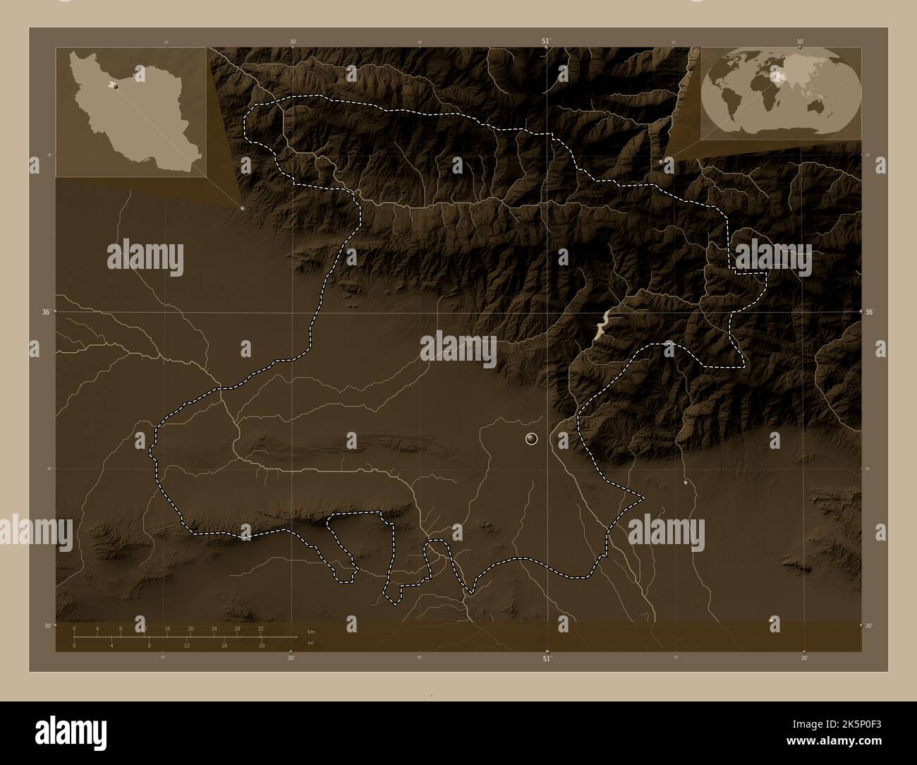 Alborz, province of Iran. Elevation map colored in sepia tones with ...