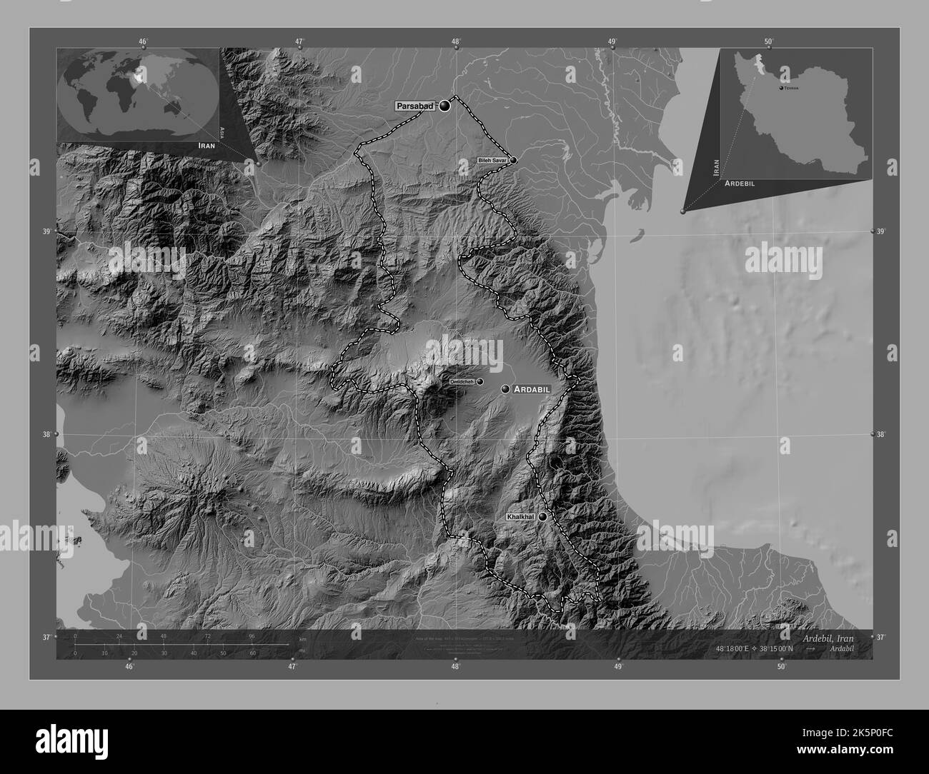 Ardebil, province of Iran. Bilevel elevation map with lakes and rivers ...