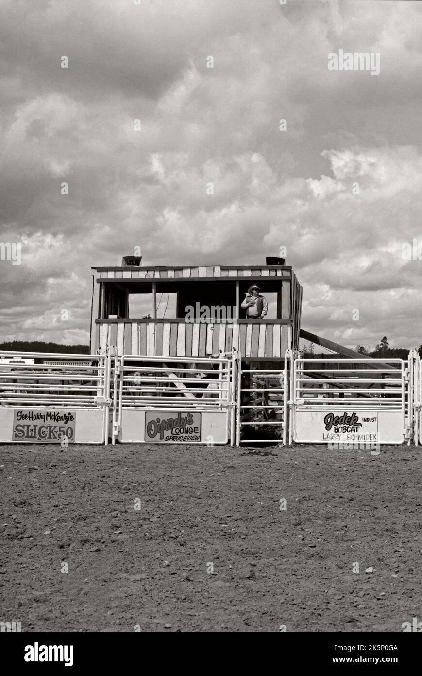 A vintage photograph of the rodeo announcer's booth at the Water Valley ...