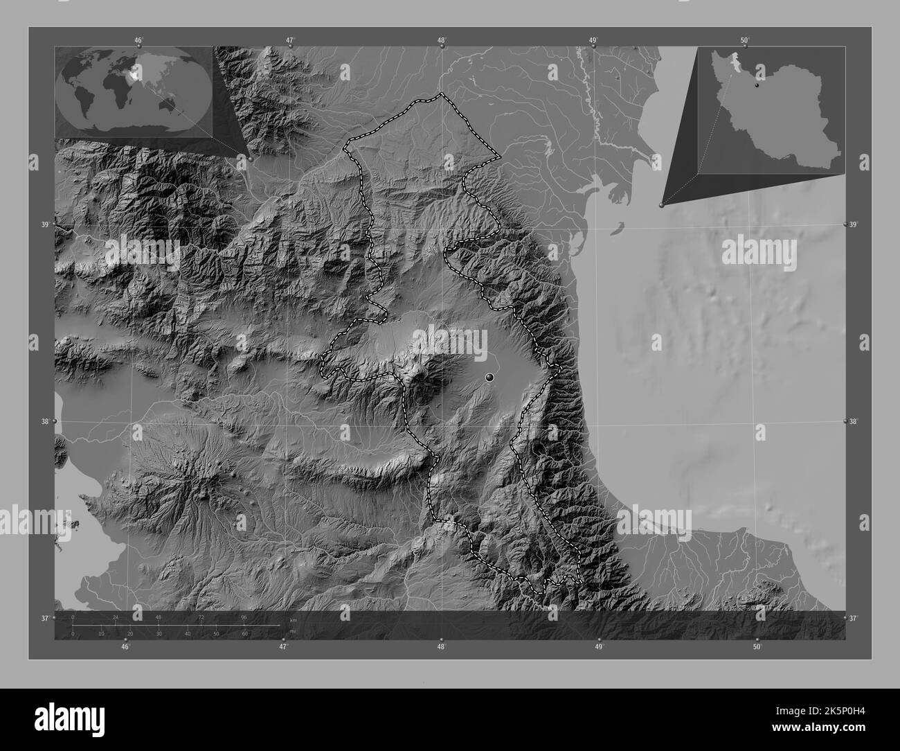 Ardebil, province of Iran. Bilevel elevation map with lakes and rivers ...