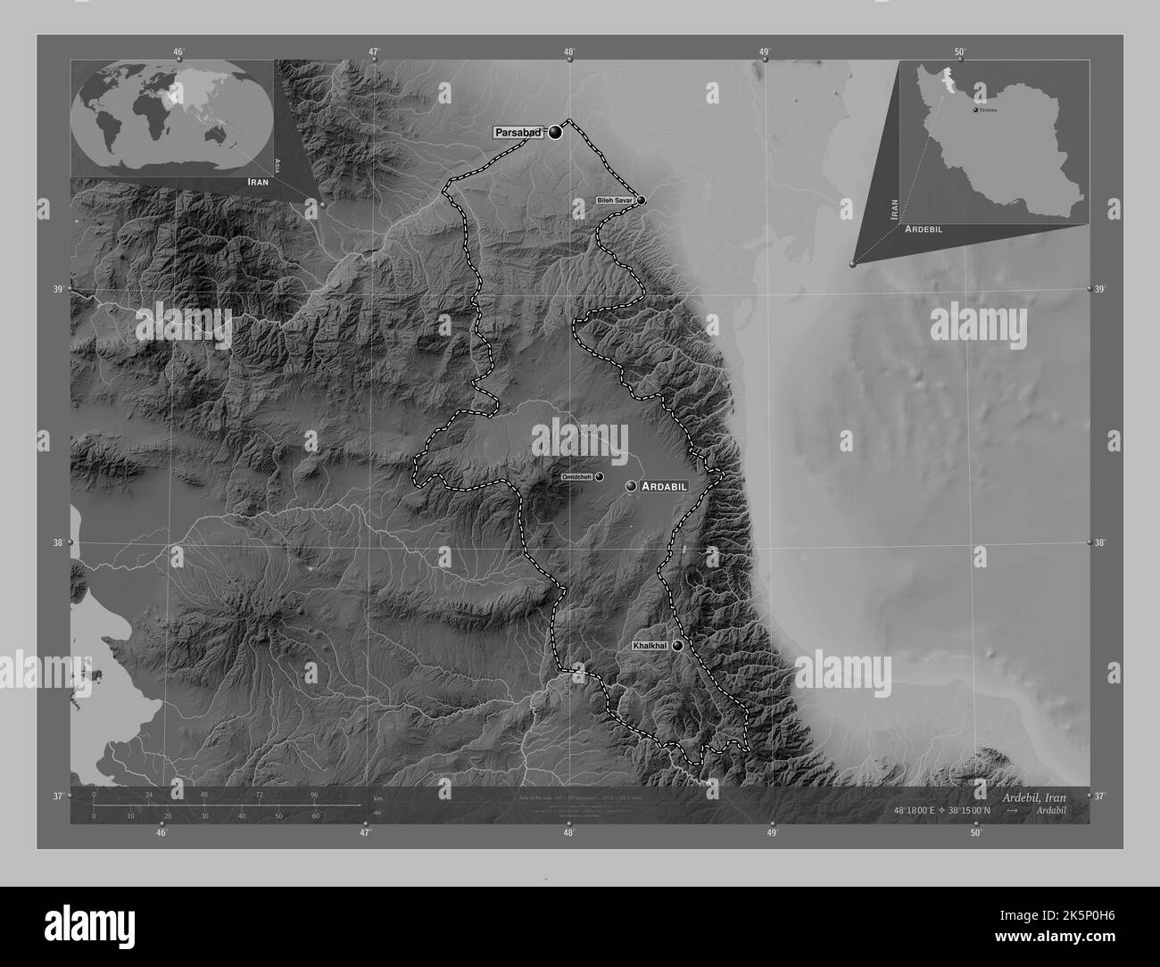 Ardebil, province of Iran. Grayscale elevation map with lakes and ...