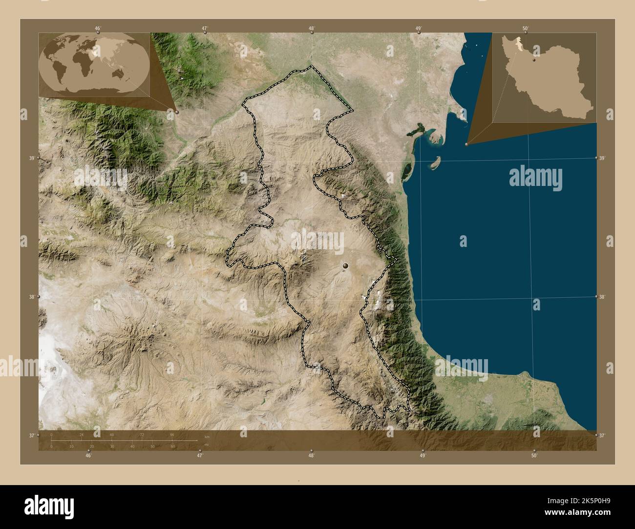 Ardebil, province of Iran. Low resolution satellite map. Corner ...