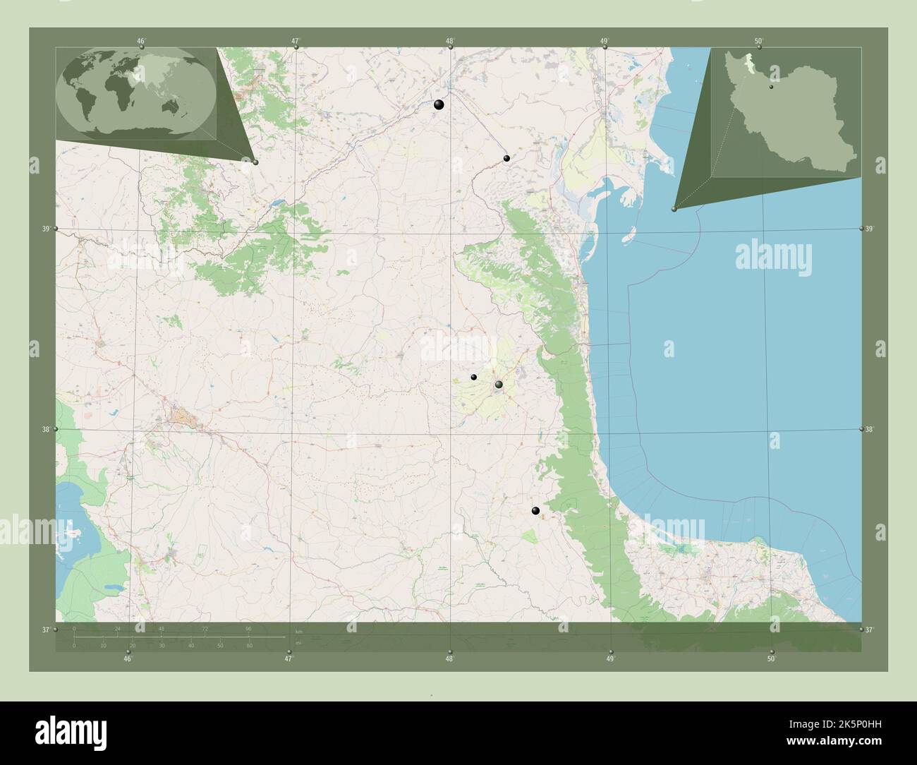 Ardebil, province of Iran. Open Street Map. Locations of major cities ...