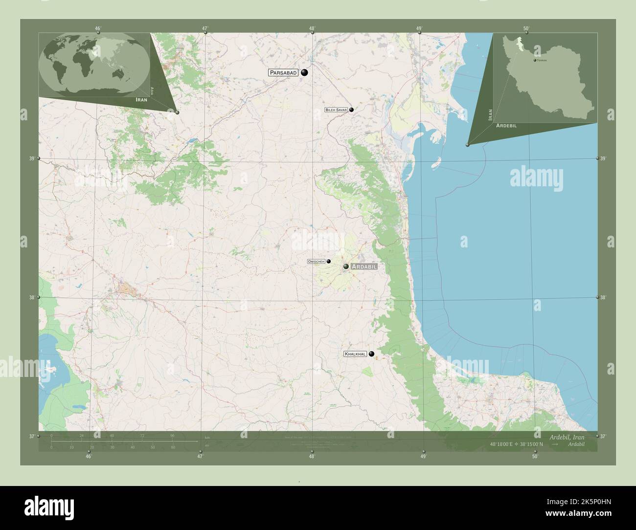 Ardebil, province of Iran. Open Street Map. Locations and names of ...