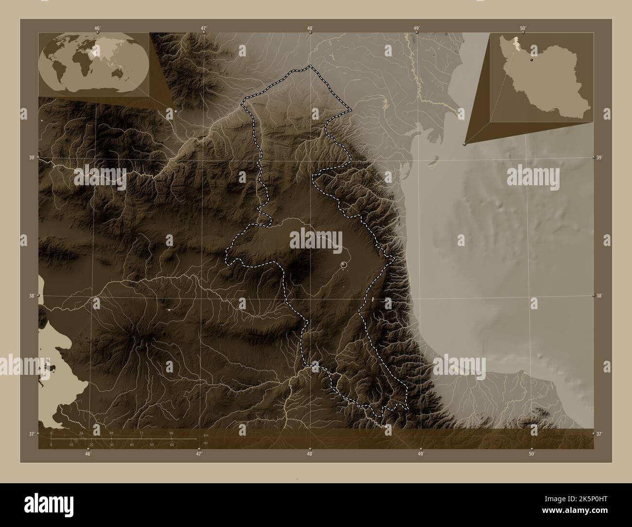 Ardebil, province of Iran. Elevation map colored in sepia tones with ...