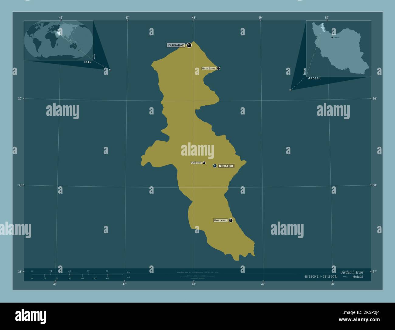 Ardebil, province of Iran. Solid color shape. Locations and names of ...