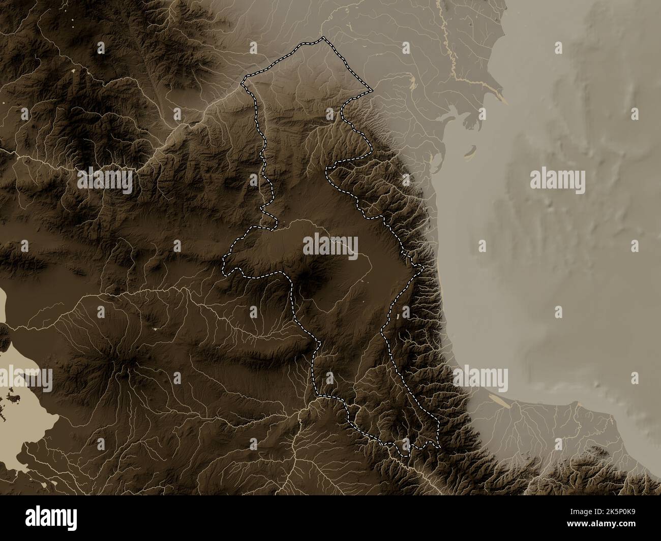 Ardebil, province of Iran. Elevation map colored in sepia tones with ...