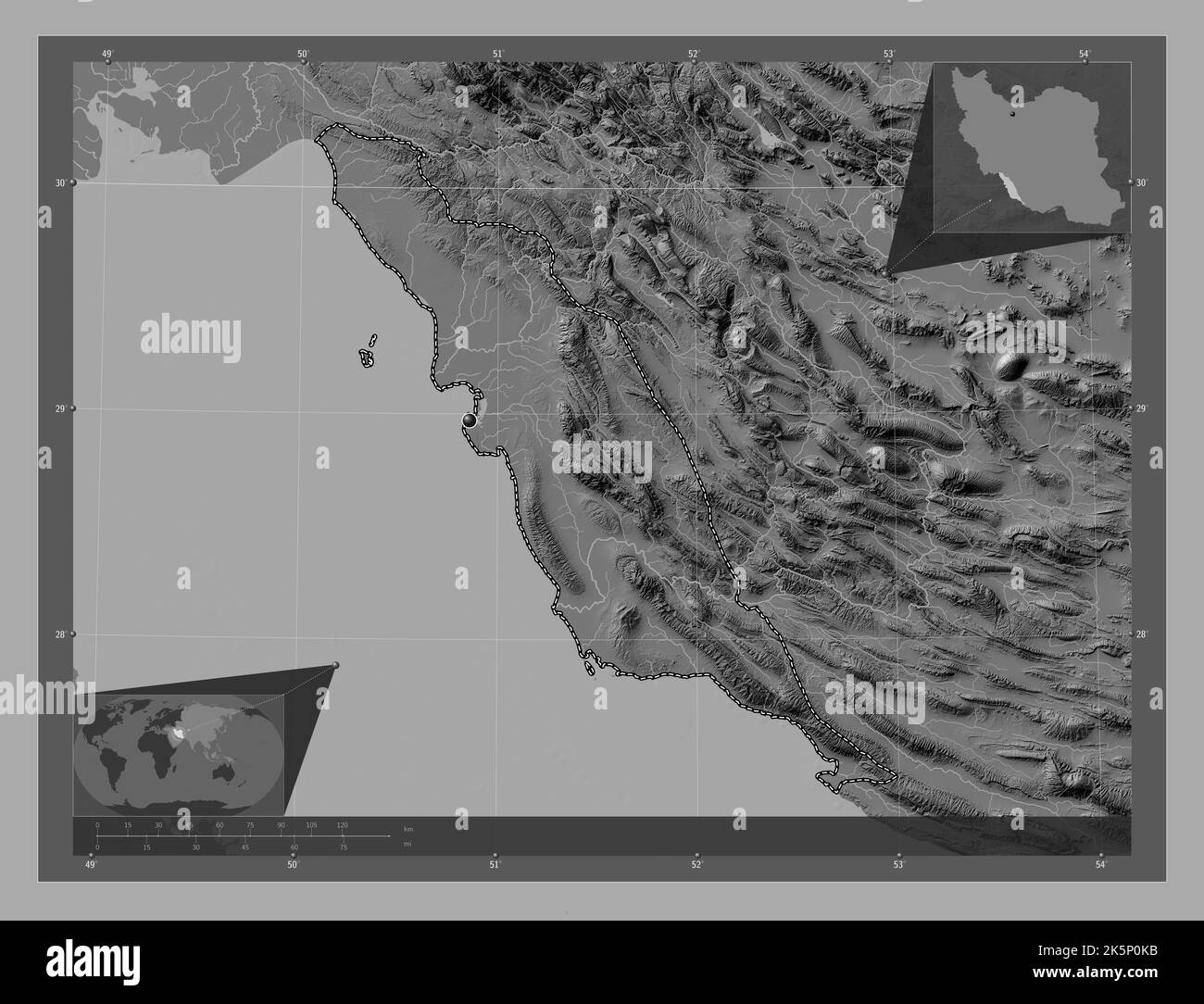 Bushehr, province of Iran. Bilevel elevation map with lakes and rivers ...