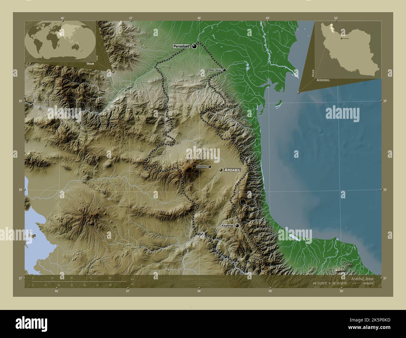 Ardebil, province of Iran. Elevation map colored in wiki style with ...
