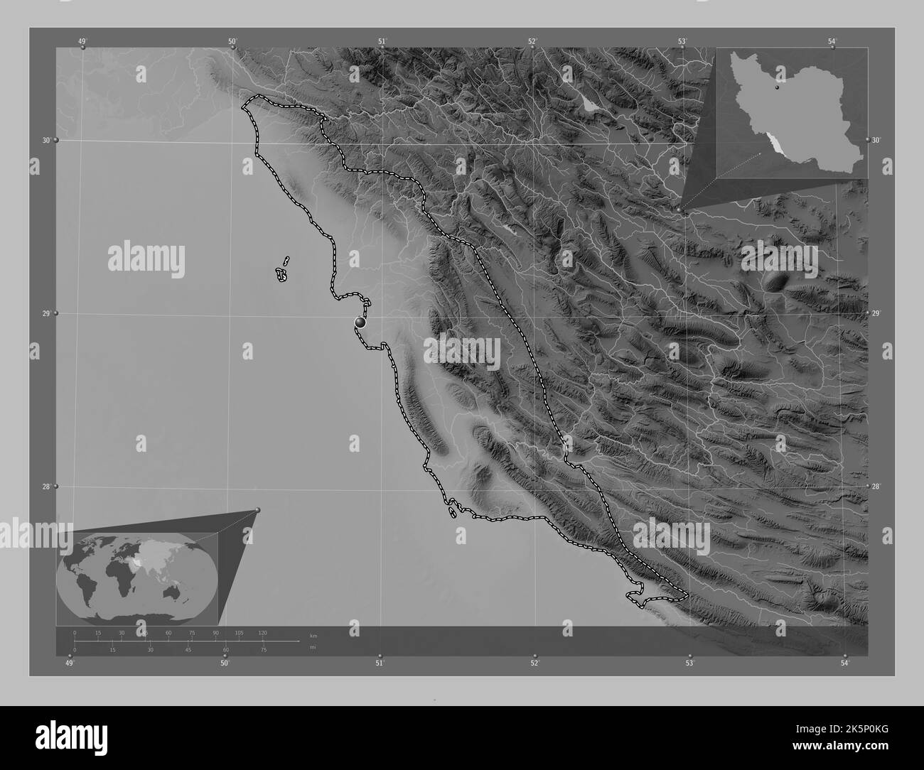 Bushehr, province of Iran. Grayscale elevation map with lakes and ...