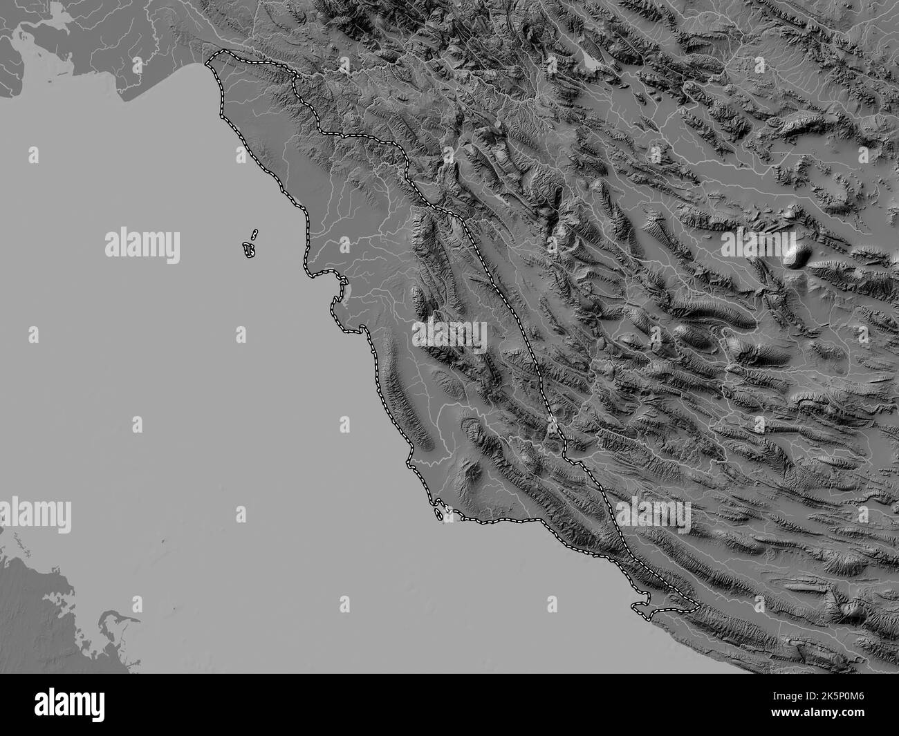 Bushehr, province of Iran. Bilevel elevation map with lakes and rivers ...