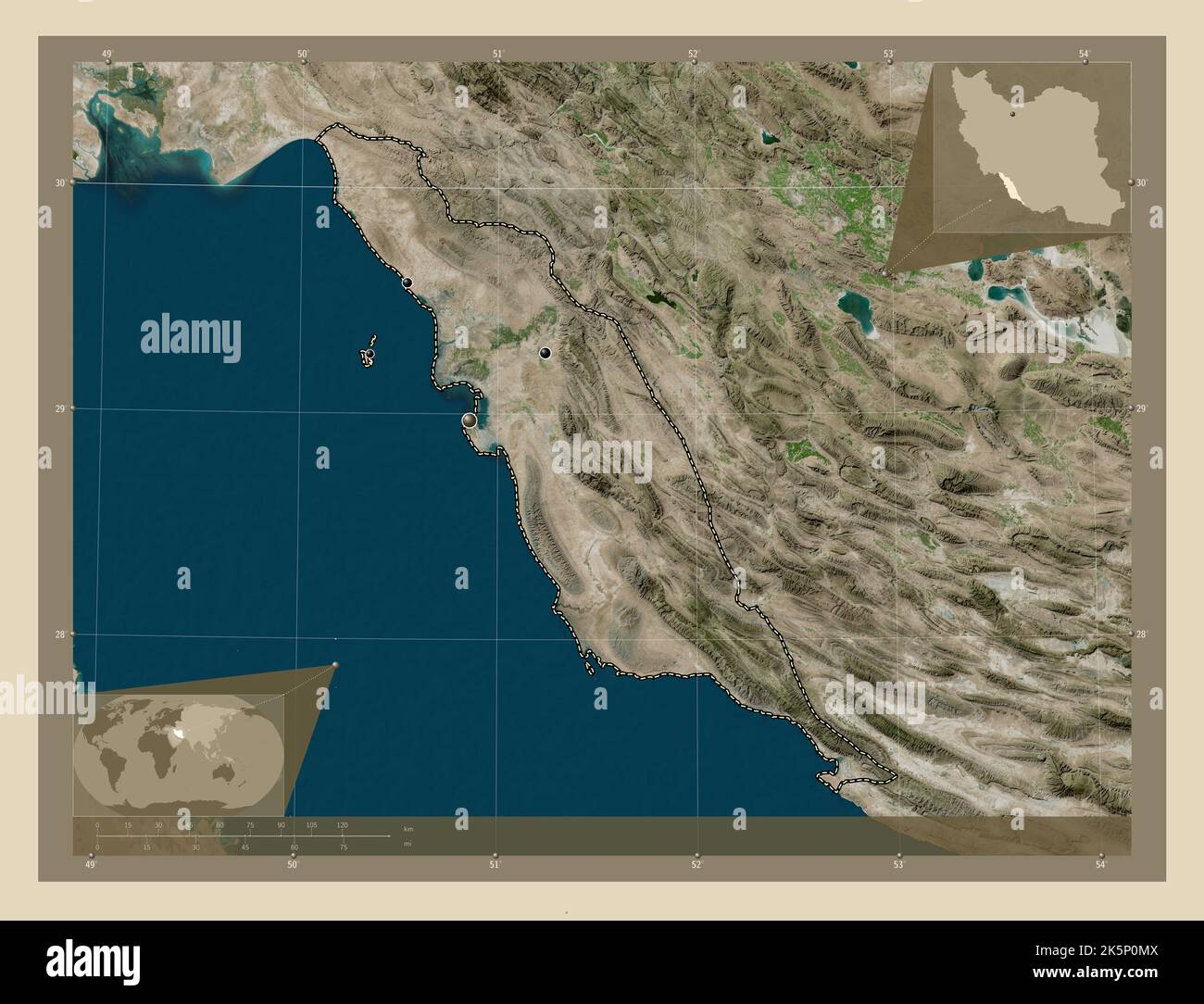 Bushehr, province of Iran. High resolution satellite map. Locations of ...