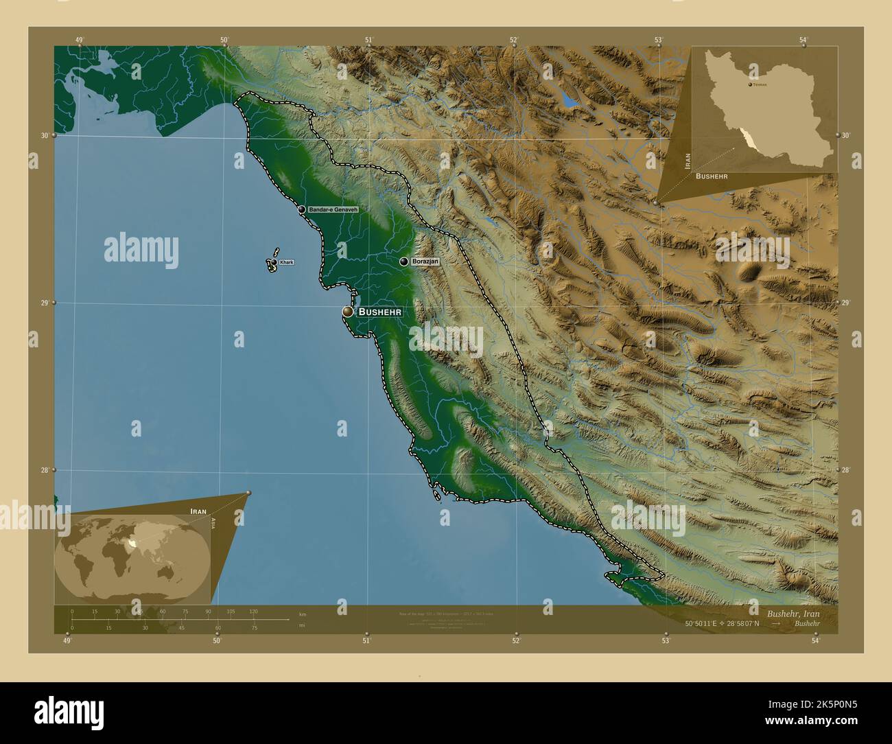 Bushehr, province of Iran. Colored elevation map with lakes and rivers ...