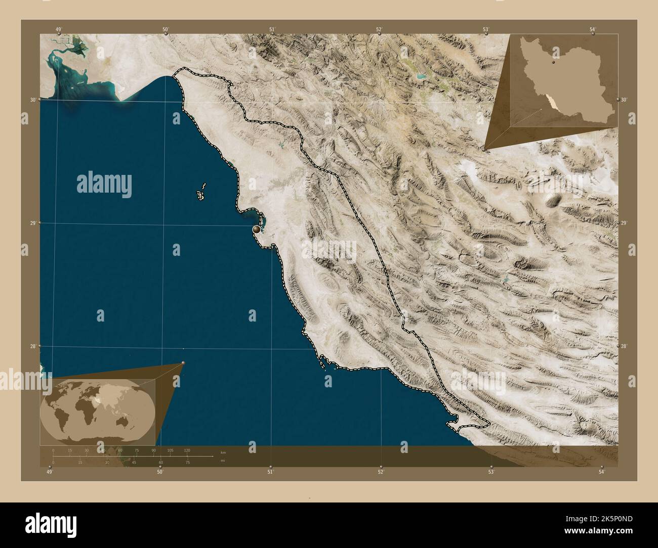 Bushehr, province of Iran. Low resolution satellite map. Corner ...