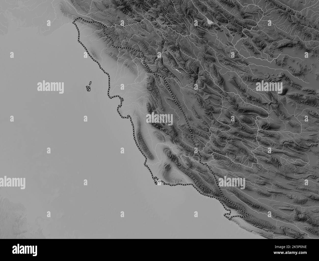 Bushehr, province of Iran. Grayscale elevation map with lakes and ...
