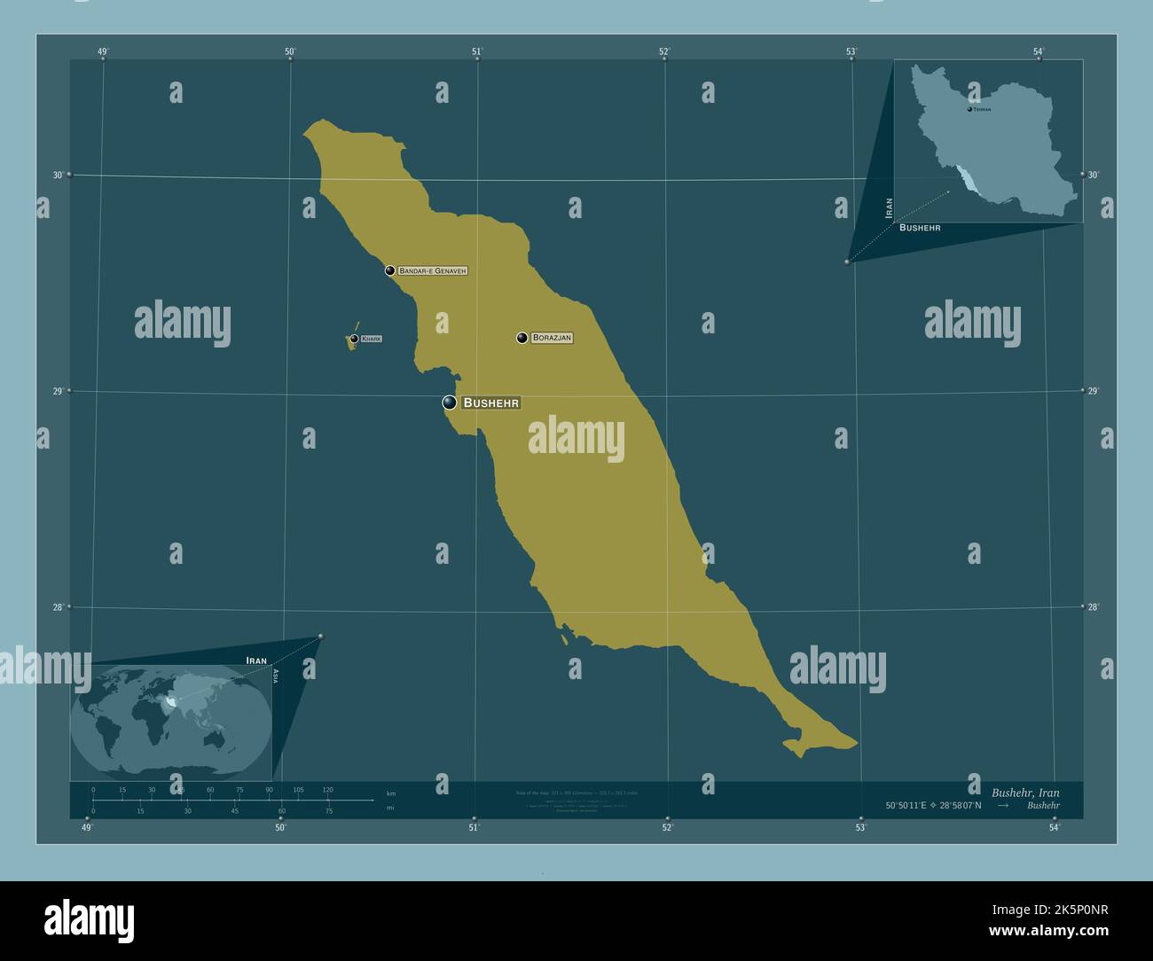 Bushehr, province of Iran. Solid color shape. Locations and names of ...