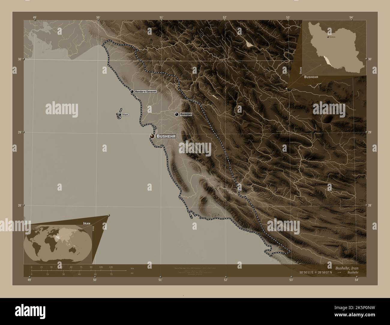 Bushehr, province of Iran. Elevation map colored in sepia tones with ...