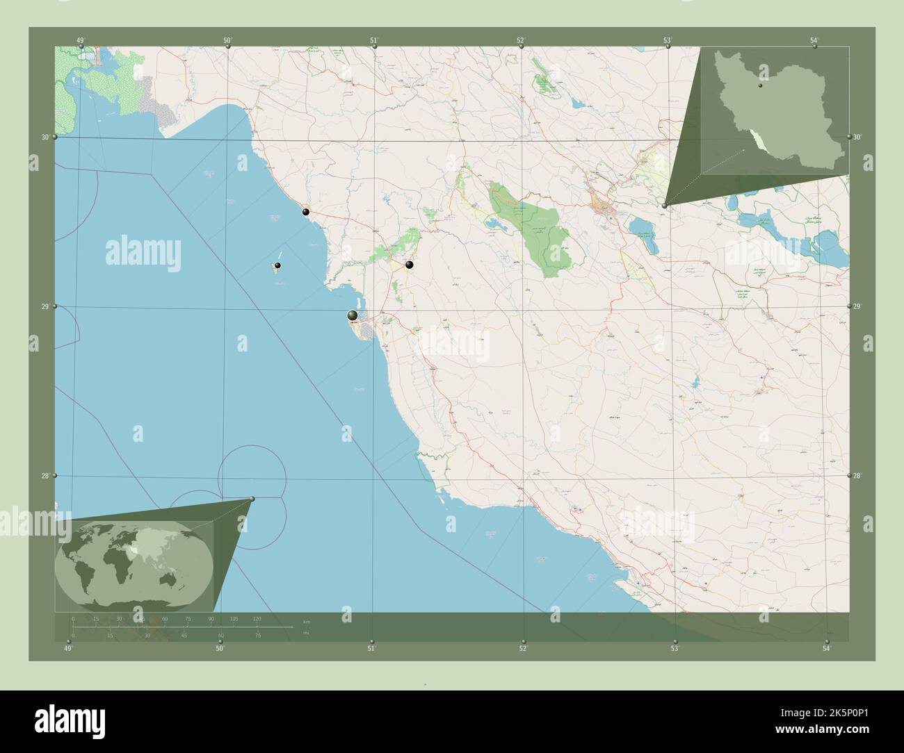Bushehr, province of Iran. Open Street Map. Locations of major cities ...