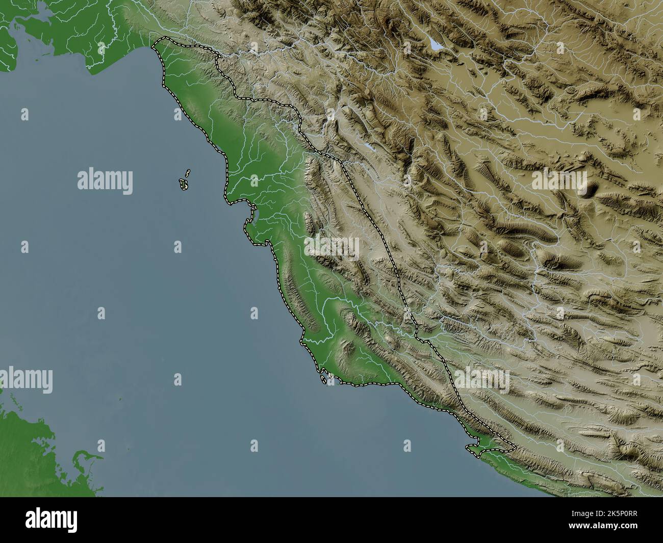 Bushehr, province of Iran. Elevation map colored in wiki style with ...