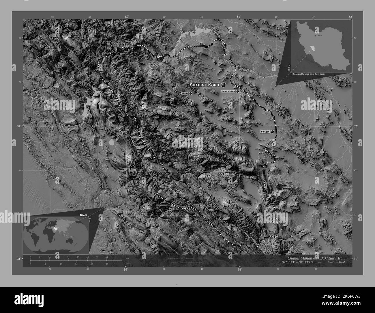 Chahar Mahall and Bakhtiari, province of Iran. Bilevel elevation map ...