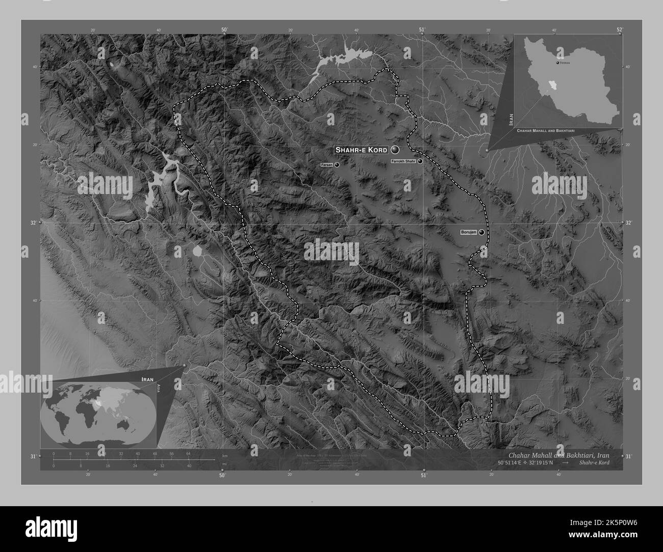 Chahar Mahall and Bakhtiari, province of Iran. Grayscale elevation map ...