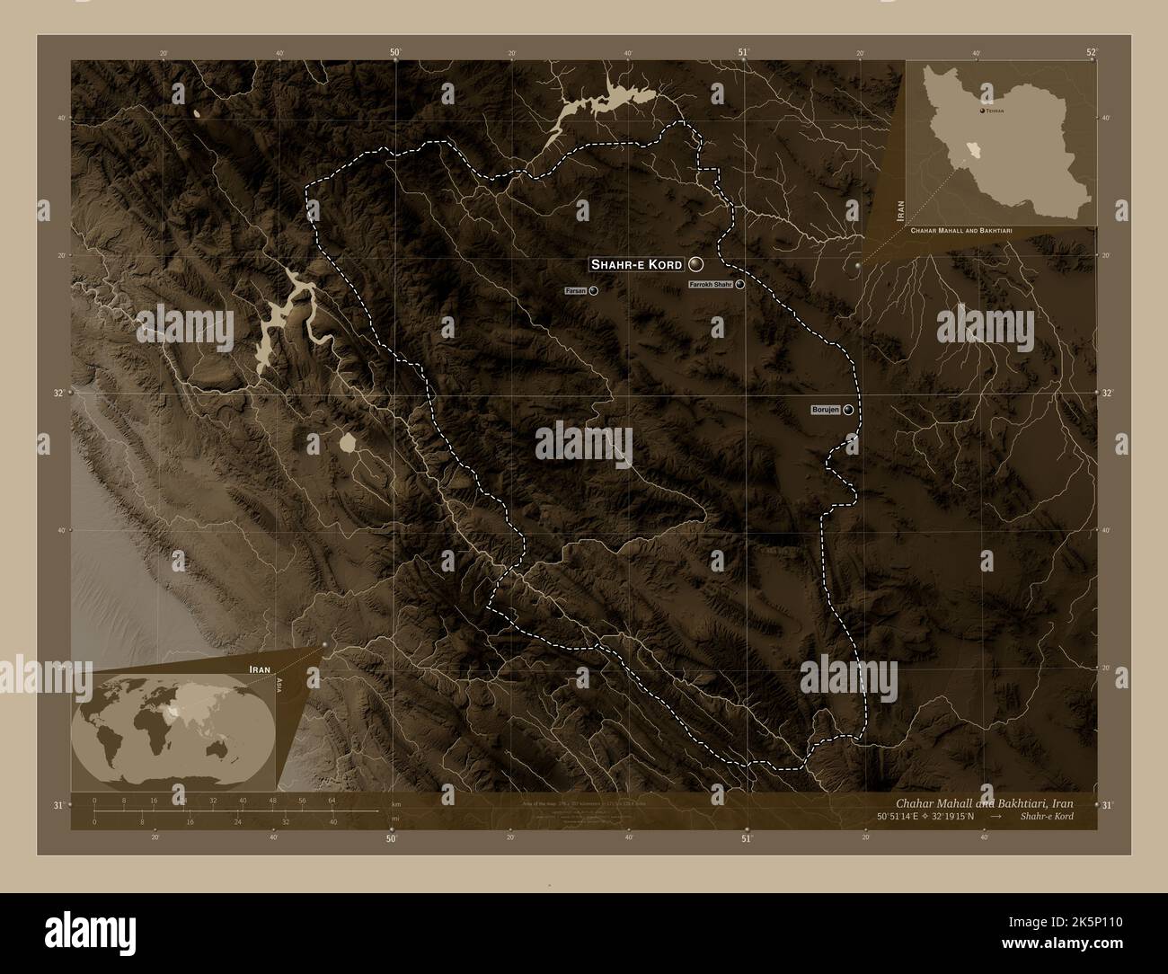 Chahar Mahall and Bakhtiari, province of Iran. Elevation map colored in ...