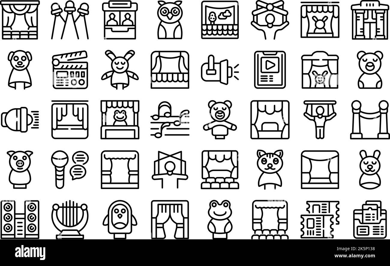 Puppet theater icons set outline vector. Doll marionette. Kid theater ...