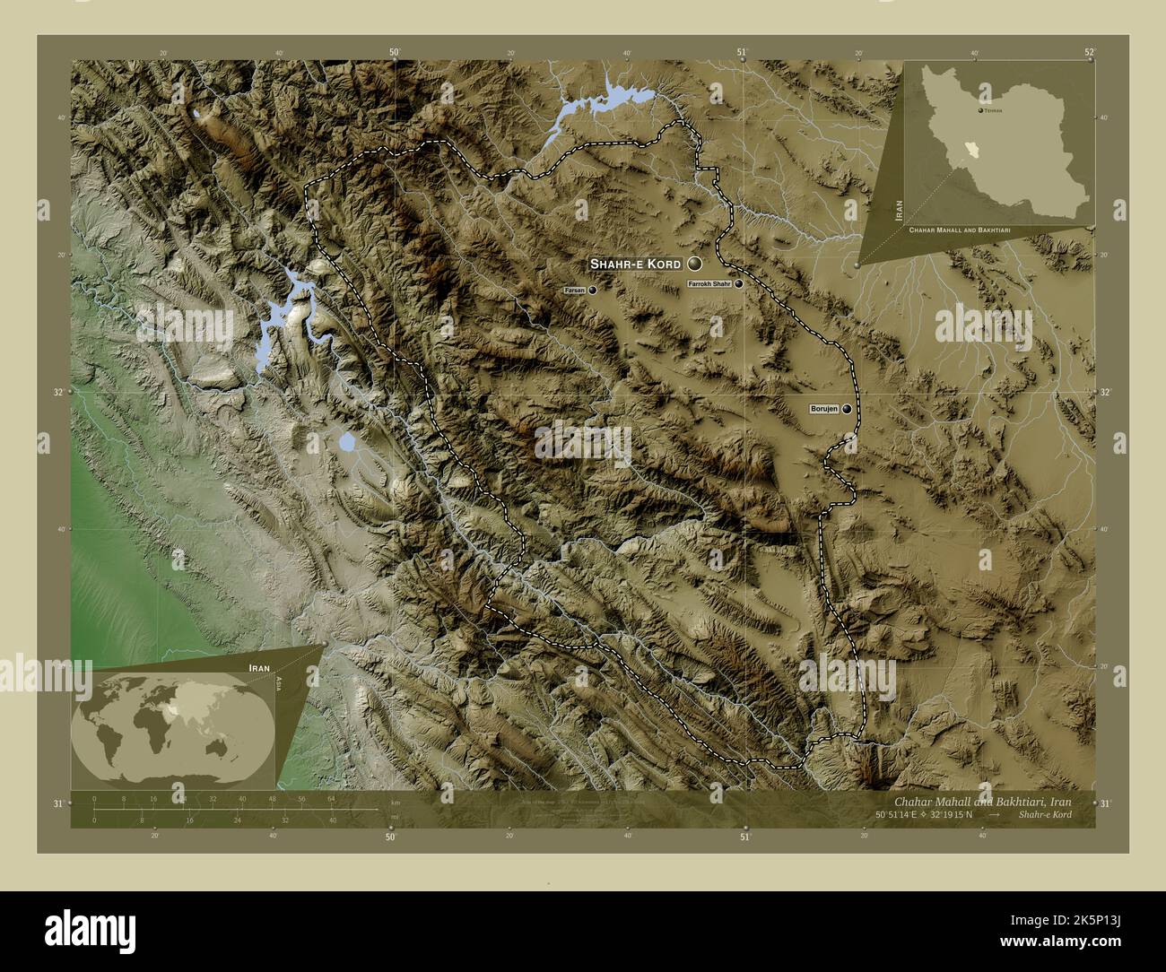 Chahar Mahall and Bakhtiari, province of Iran. Elevation map colored in ...
