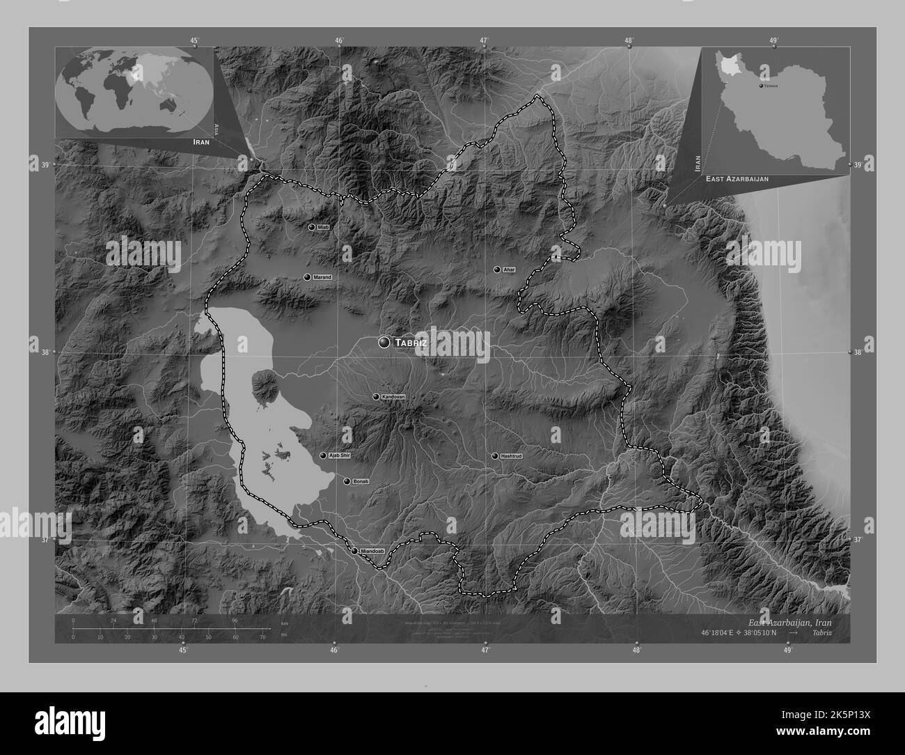 East Azarbaijan, province of Iran. Grayscale elevation map with lakes ...