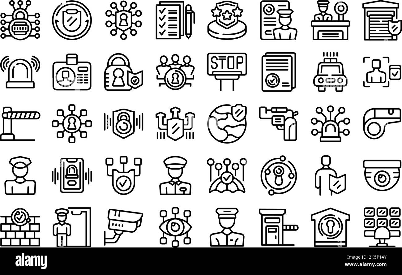 Security guard icons set outline vector. Police standing. Man guard ...