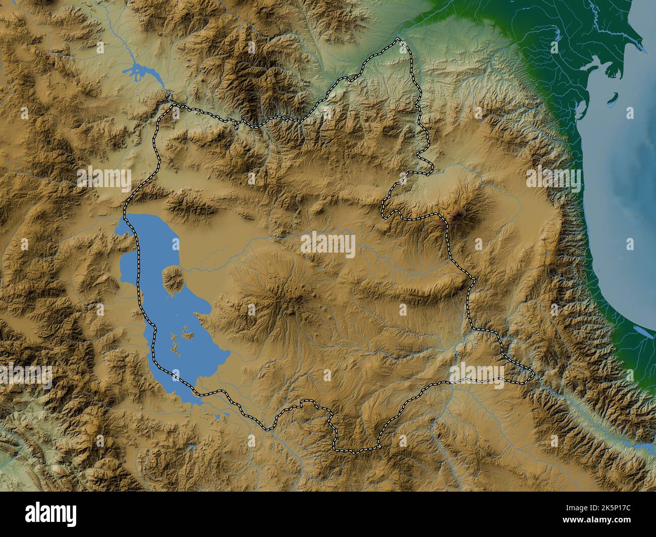 East Azarbaijan, province of Iran. Colored elevation map with lakes and ...