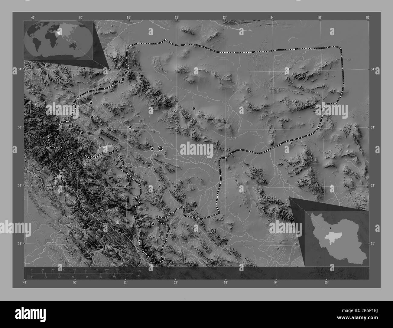 Esfahan, province of Iran. Bilevel elevation map with lakes and rivers ...