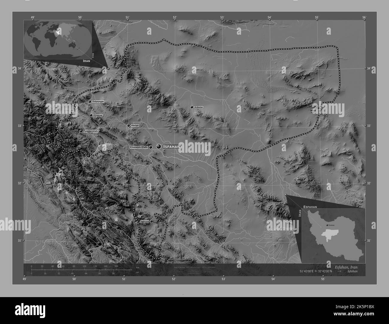Esfahan, province of Iran. Bilevel elevation map with lakes and rivers ...