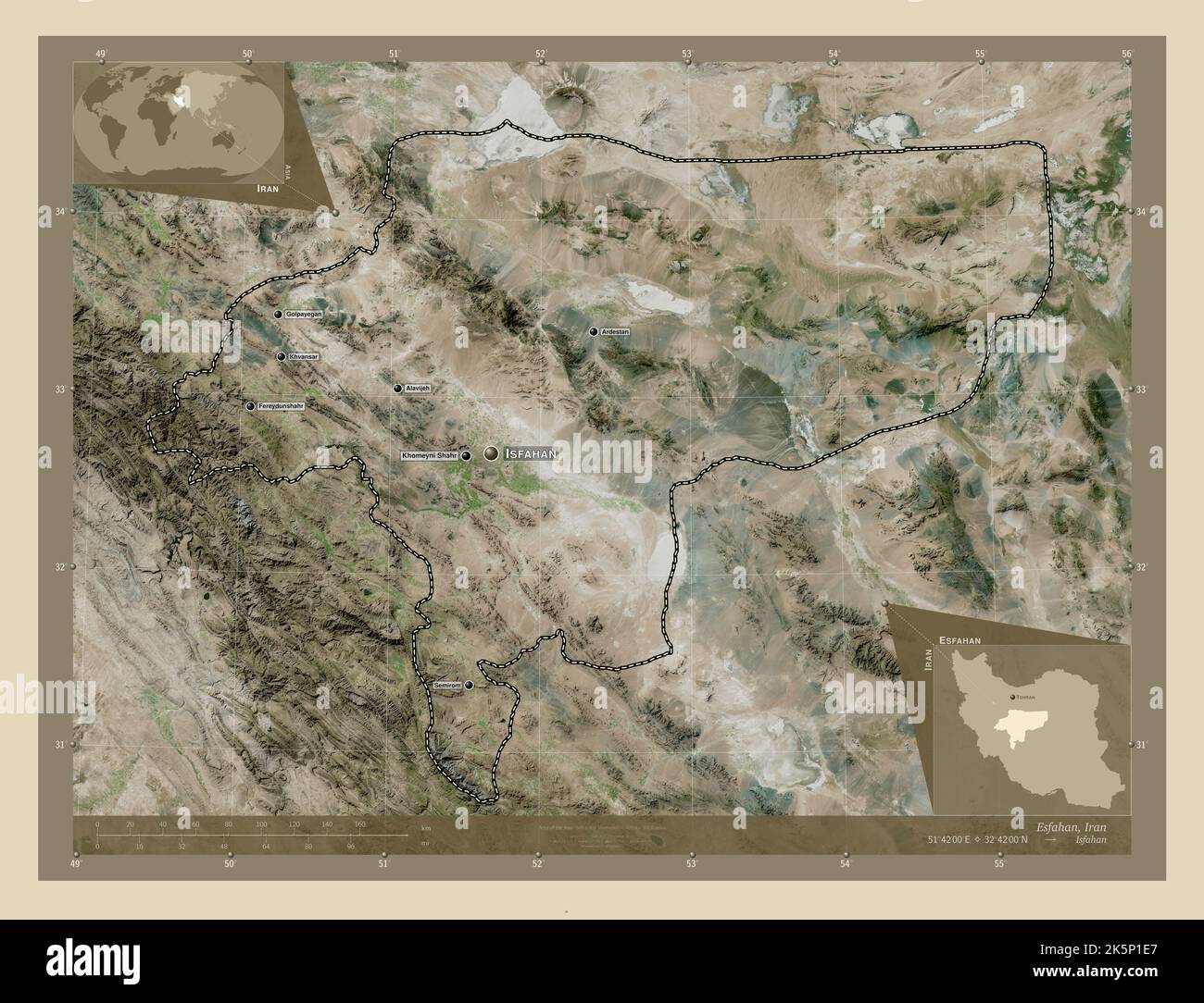 Esfahan, province of Iran. High resolution satellite map. Locations and ...