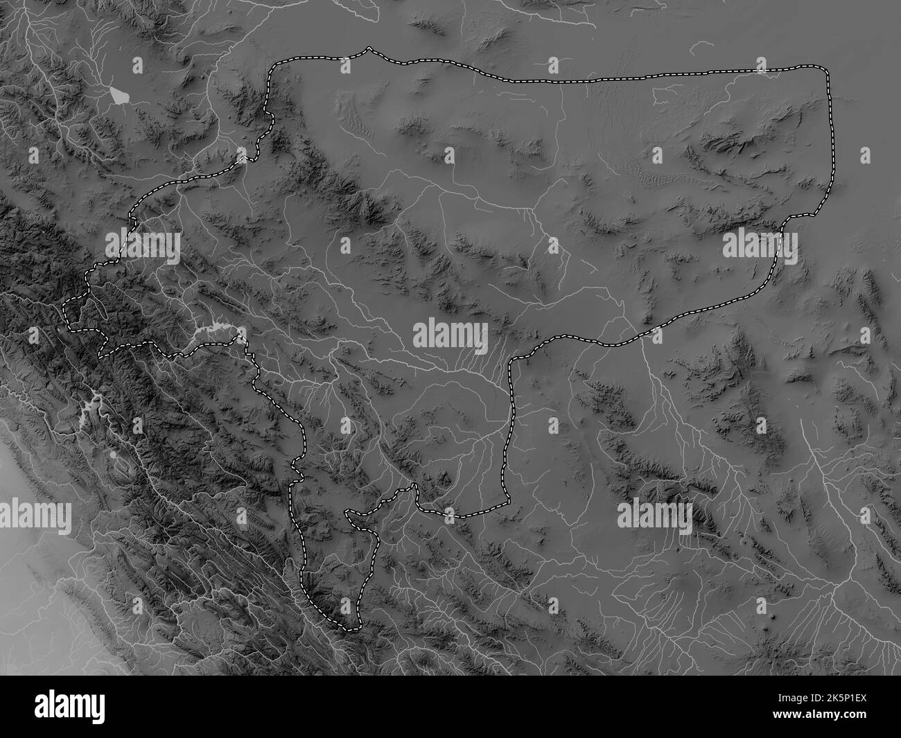 Esfahan, province of Iran. Grayscale elevation map with lakes and ...