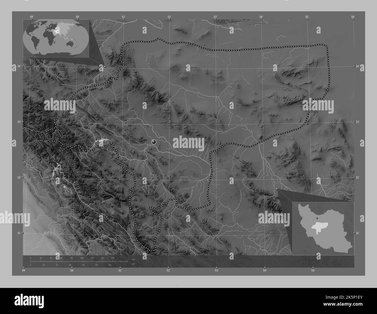 Esfahan, province of Iran. Grayscale elevation map with lakes and ...