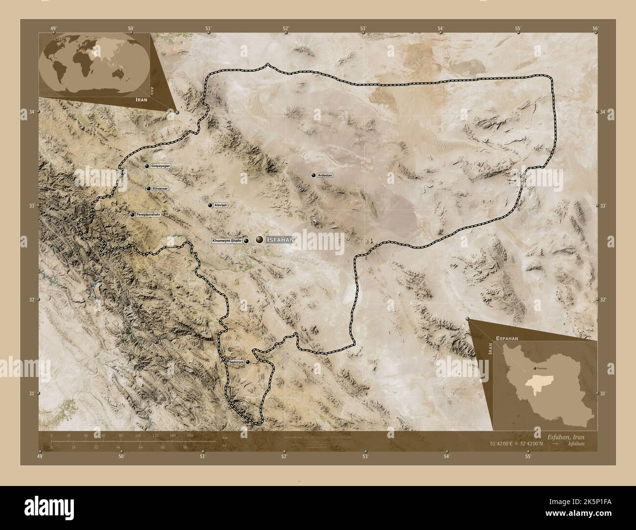 Esfahan, province of Iran. Low resolution satellite map. Locations and ...
