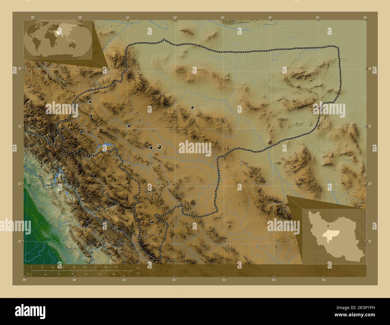 Esfahan, province of Iran. Colored elevation map with lakes and rivers ...