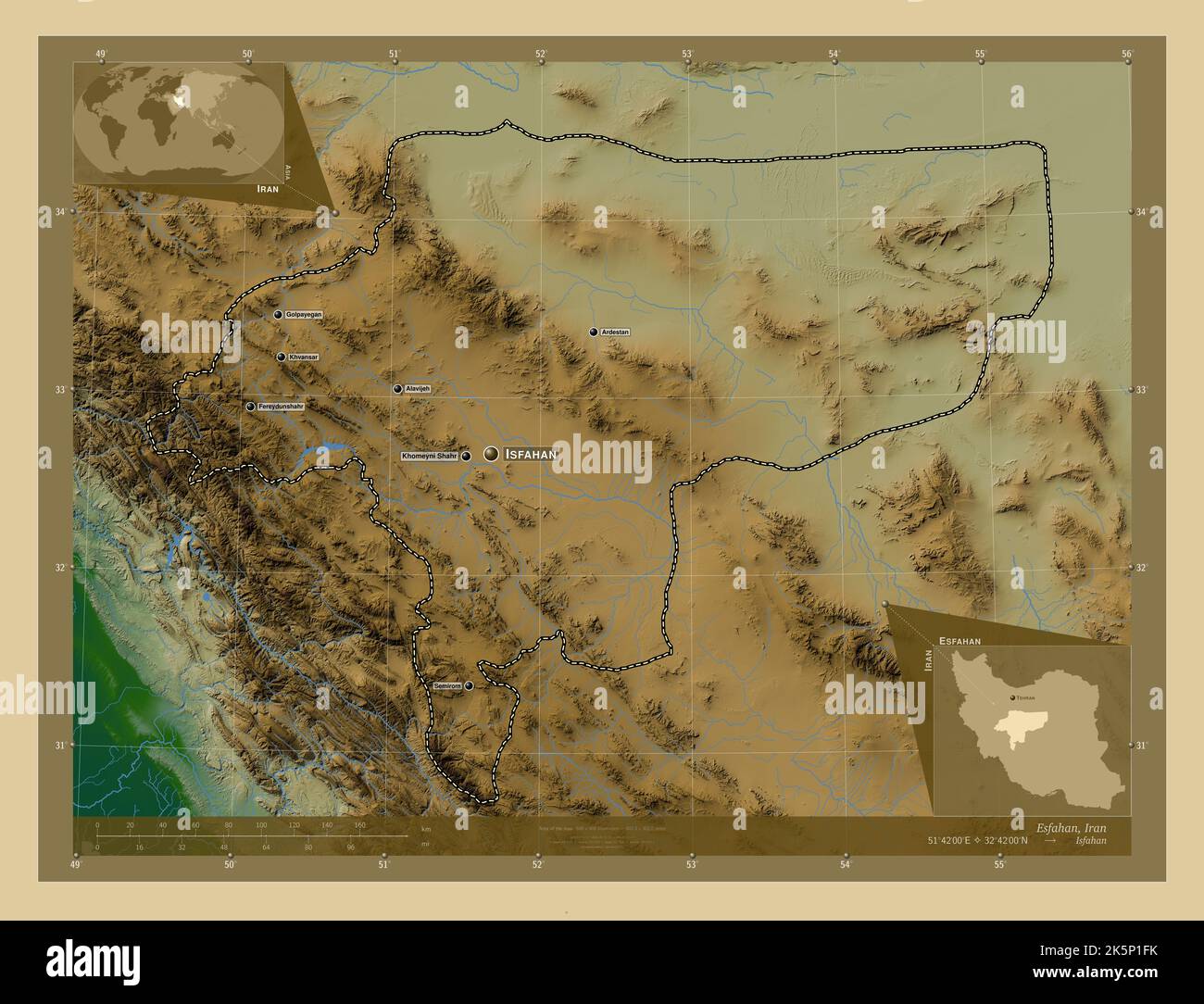 Esfahan, province of Iran. Colored elevation map with lakes and rivers ...