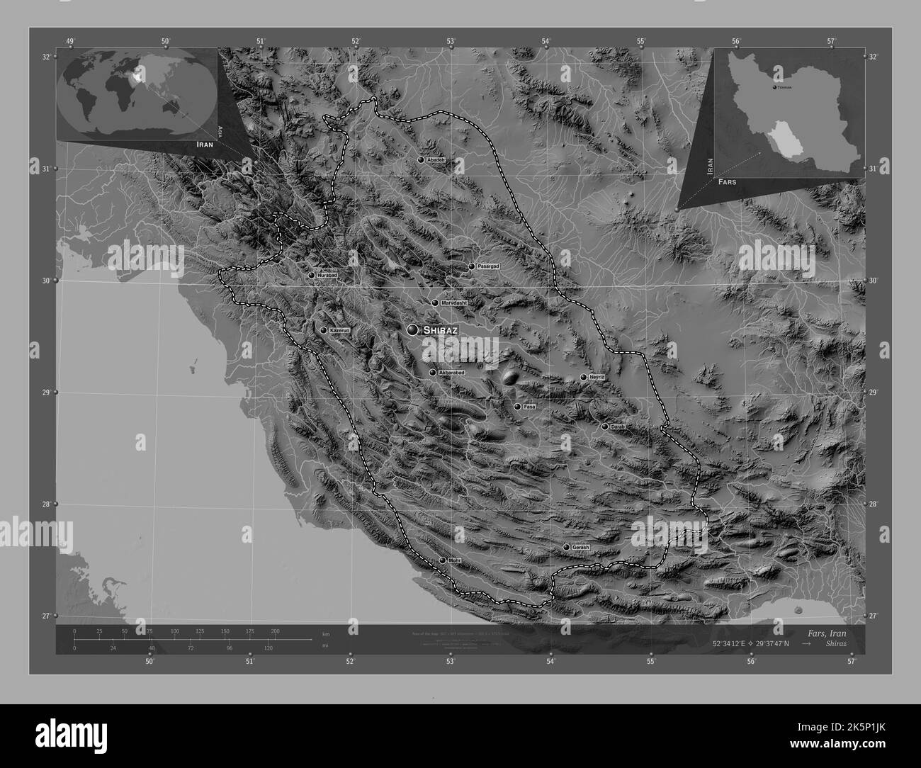 Fars, province of Iran. Bilevel elevation map with lakes and rivers ...