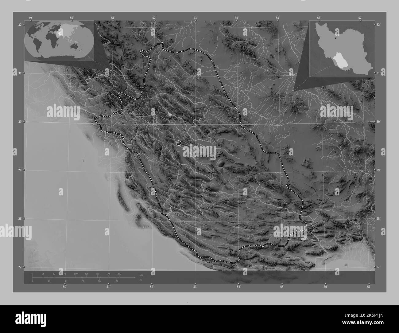 Fars, province of Iran. Grayscale elevation map with lakes and rivers ...