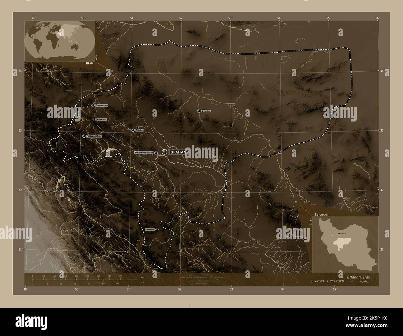Esfahan, province of Iran. Elevation map colored in sepia tones with ...