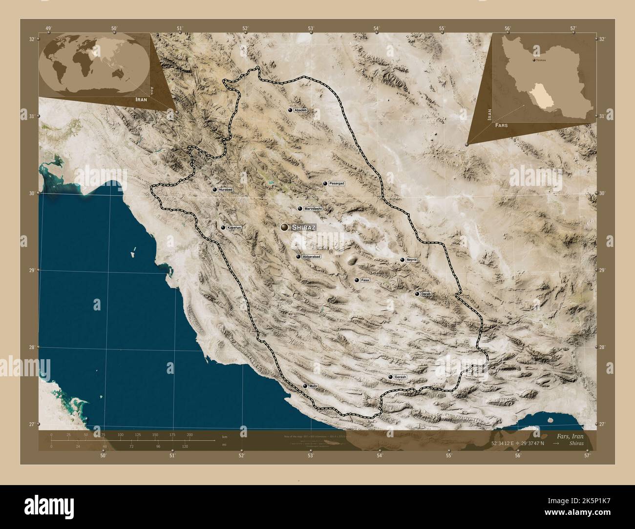 Fars, province of Iran. Low resolution satellite map. Locations and ...